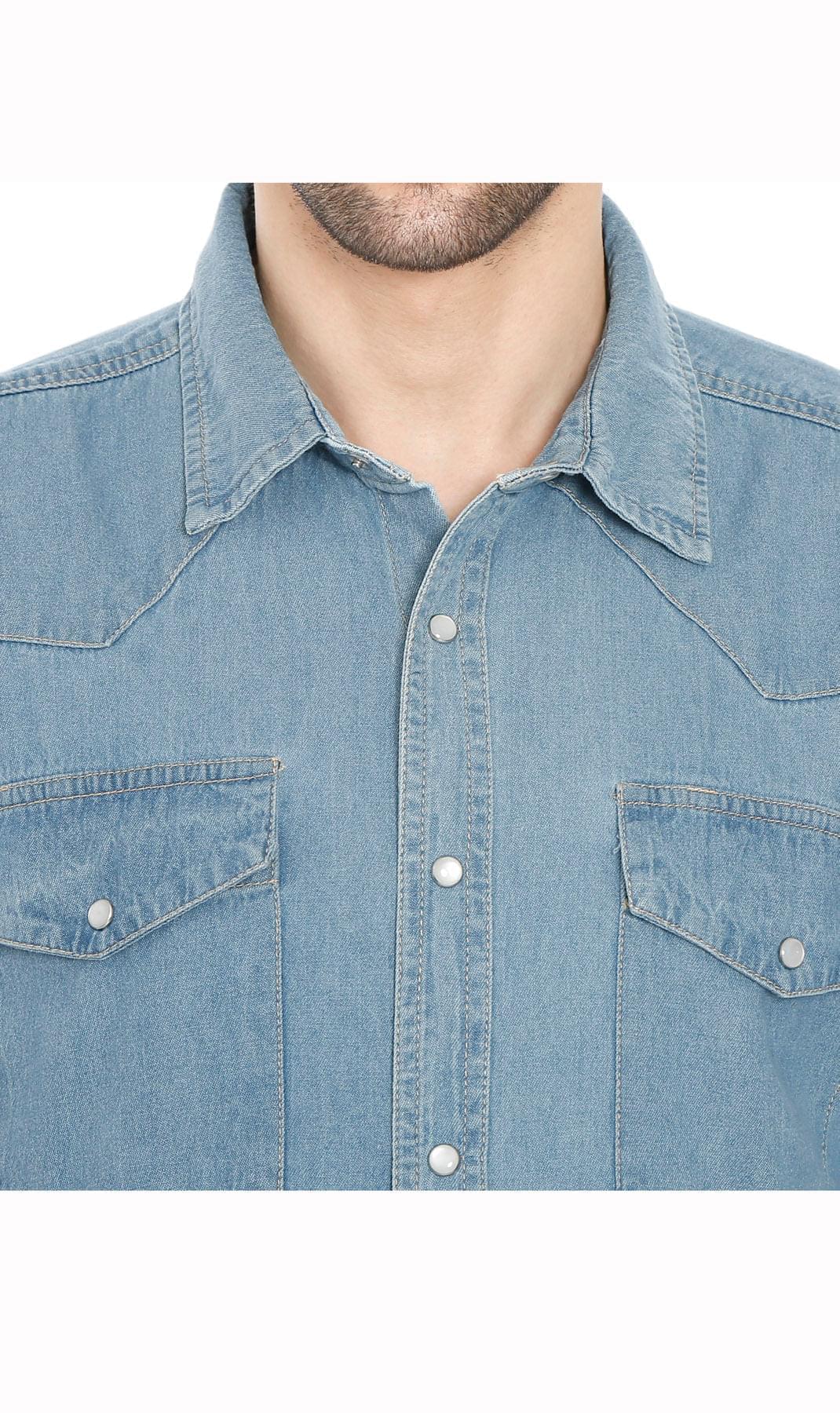 Mens Western Snap Front Button Shirt in Denim and Twill with a Stitche ...
